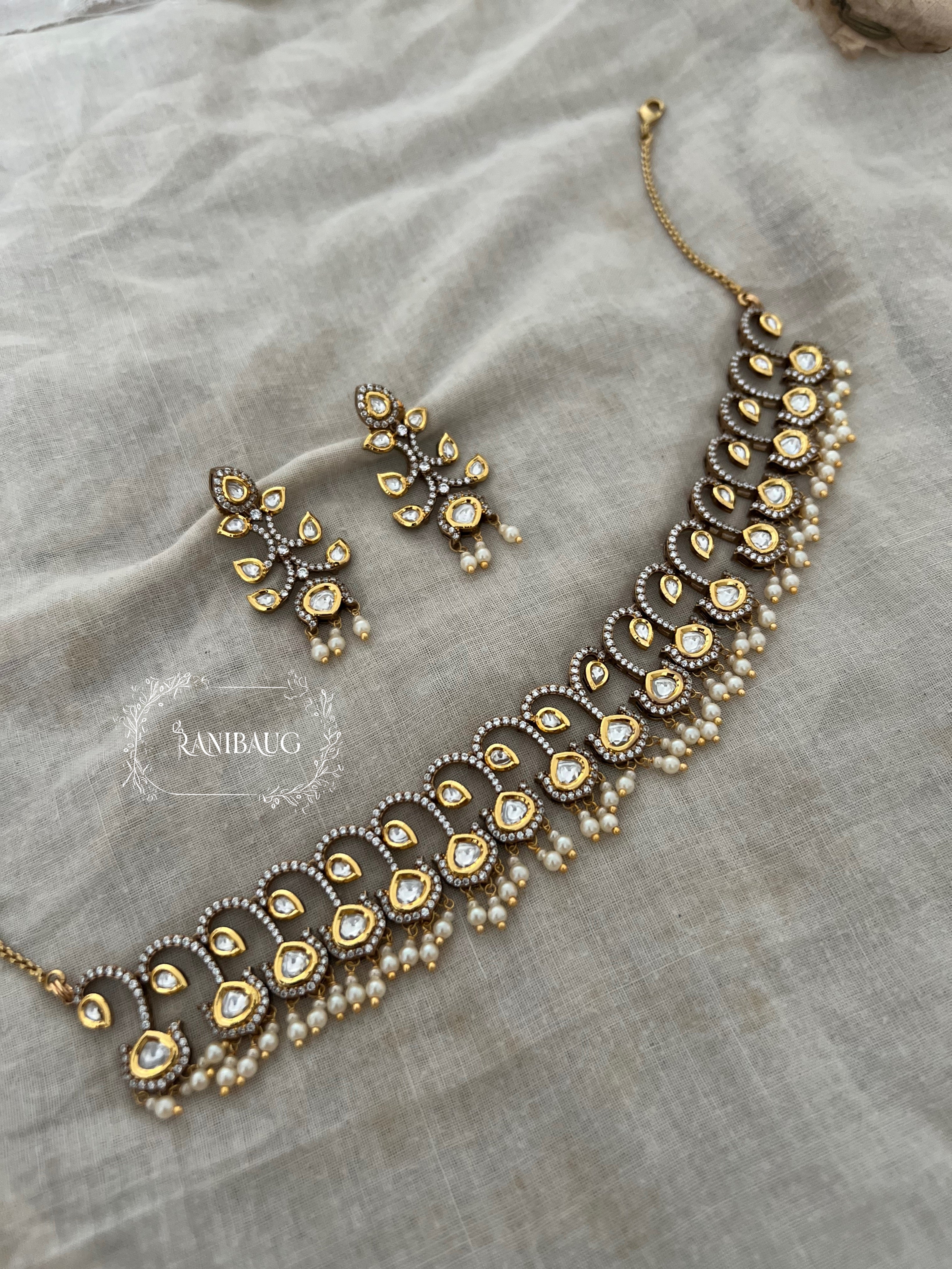 Aradhya Leaf Kundan Polki Necklace Choker Indian Jewelry Set By Raniba ...